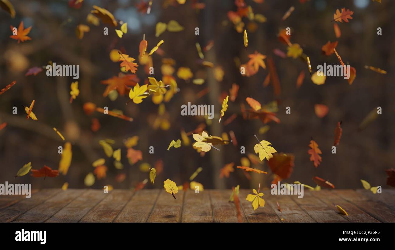 3D rendering. Falling autumn leaves and blurred leaves next to a forest ...