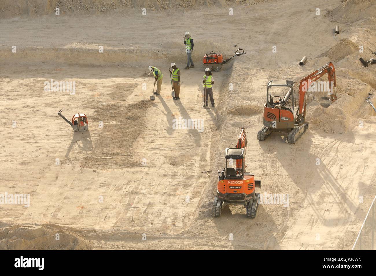 Piling driven into ground. Deep foundation installation. Reinforce ...