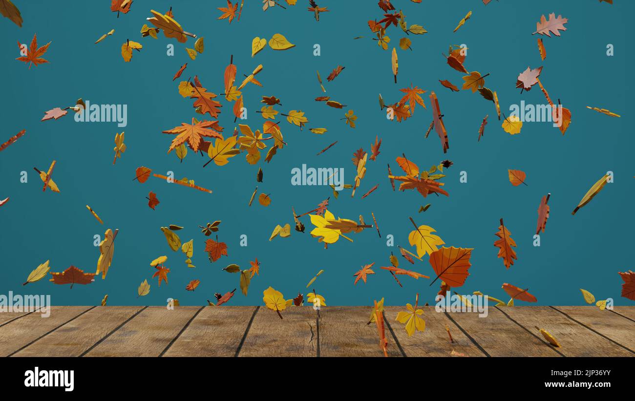 3D rendering. Lots of falling autumn leaves on a plain blue background ...