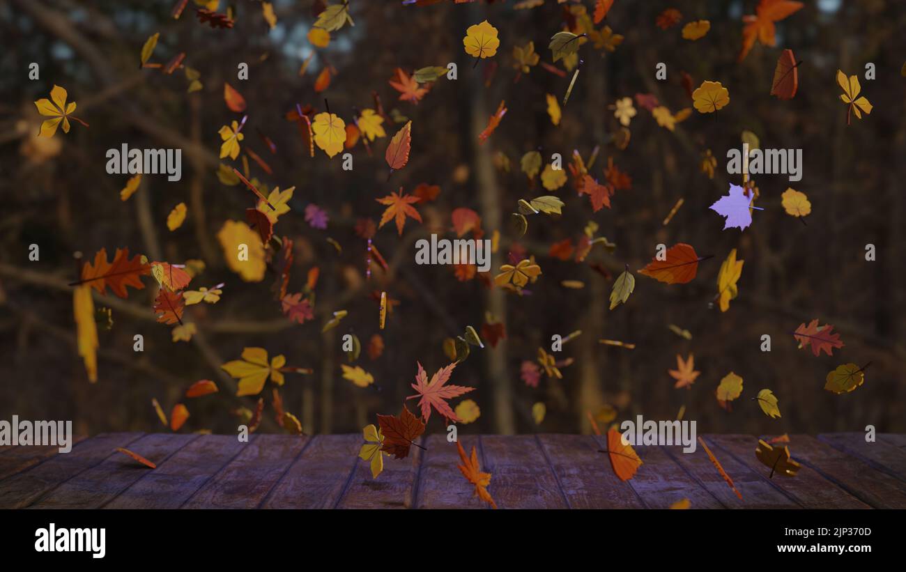 3D rendering. Night scene in a forest with a blurred effect, a wooden ...