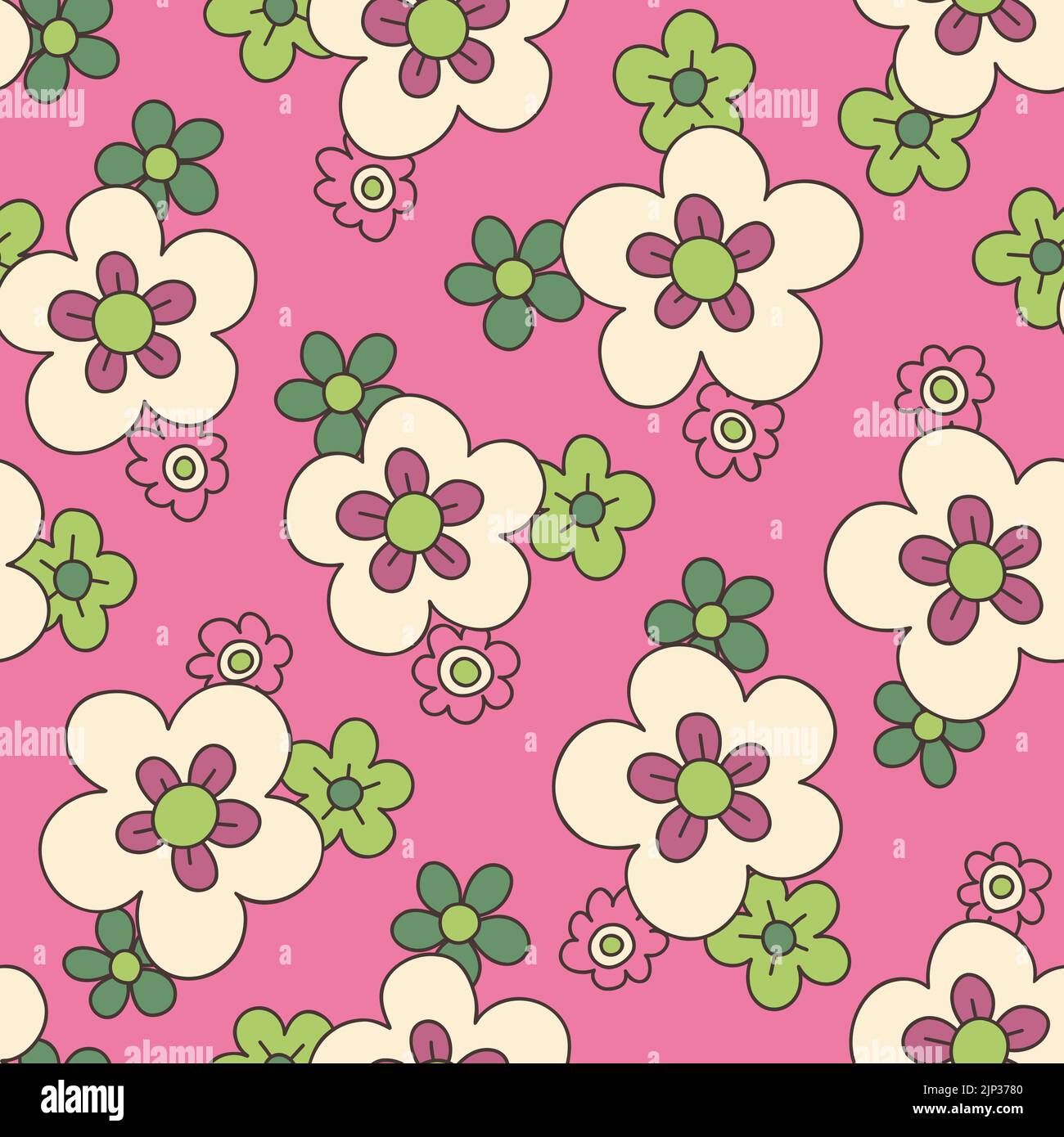 Colorful Medium Scale Hand-Drawn Floral Daisies Vector Seamless Pattern ...