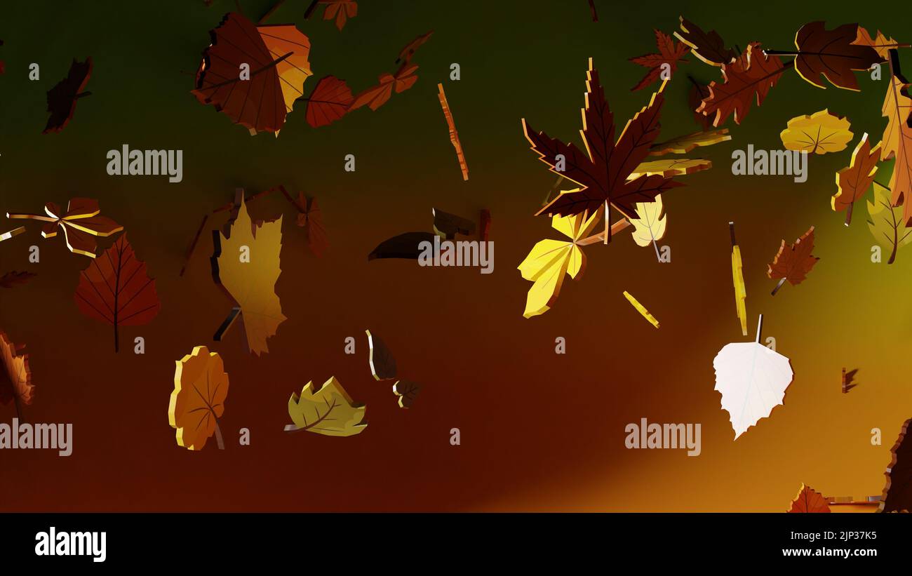 3D rendering. 3D modeled leaves falling on an orange background ...