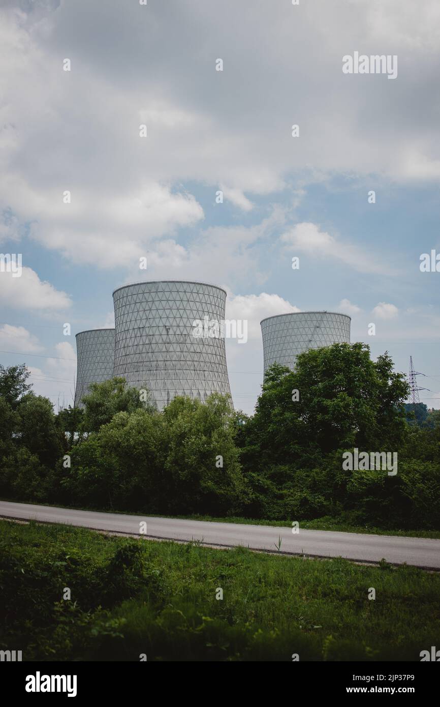The Nuclear reactor behind the road with trees Stock Photo - Alamy