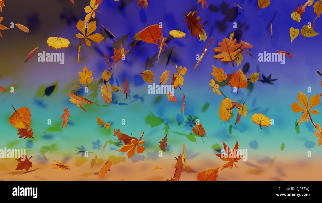 3D rendering. Lots of 3D modeled leaves falling from a tree with a blue ...