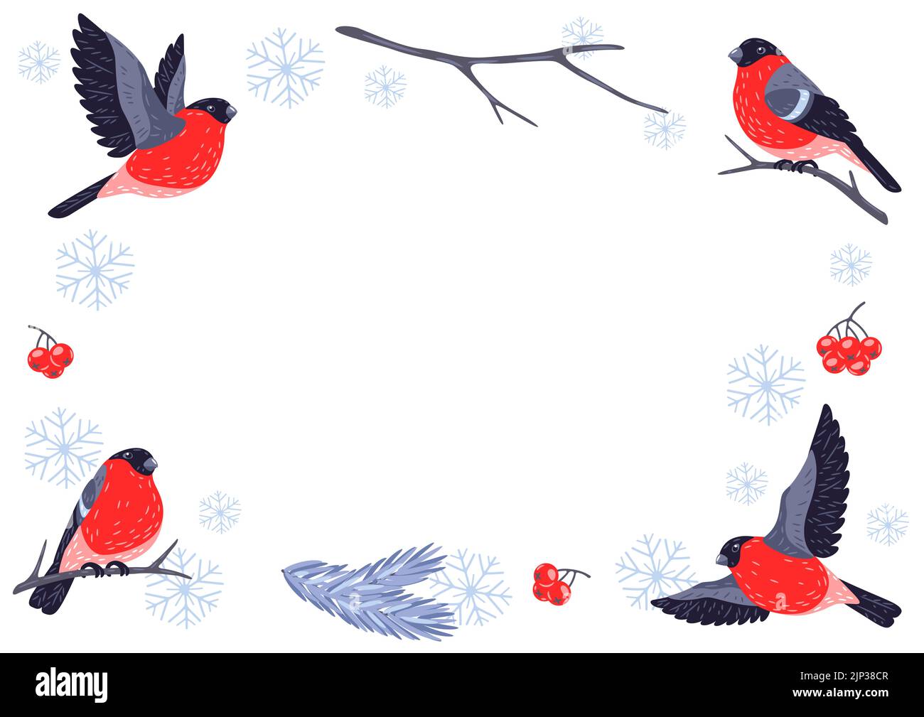 Winter frame with bird bullfinch and plants. Merry Christmas and Happy ...