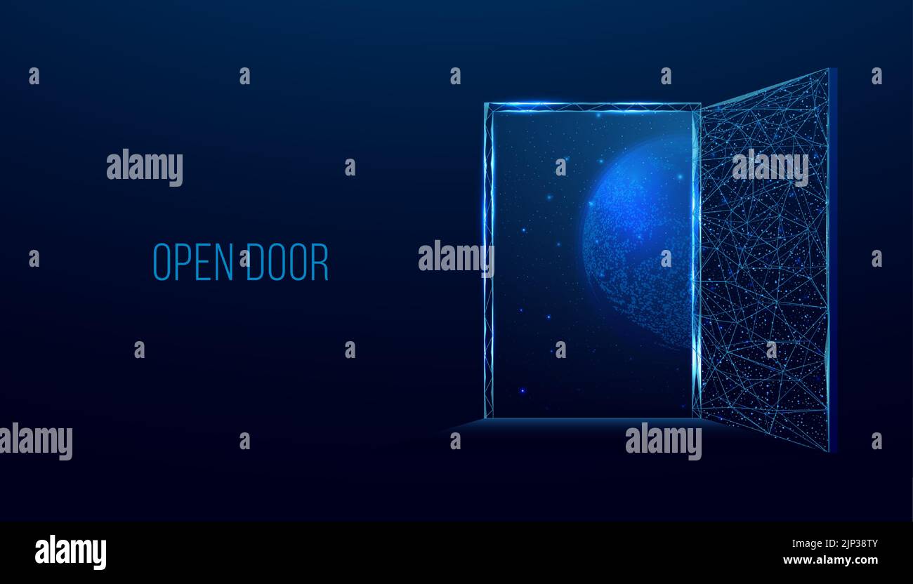 Open door to space, universe. Banner with glowing low poly door on dark ...