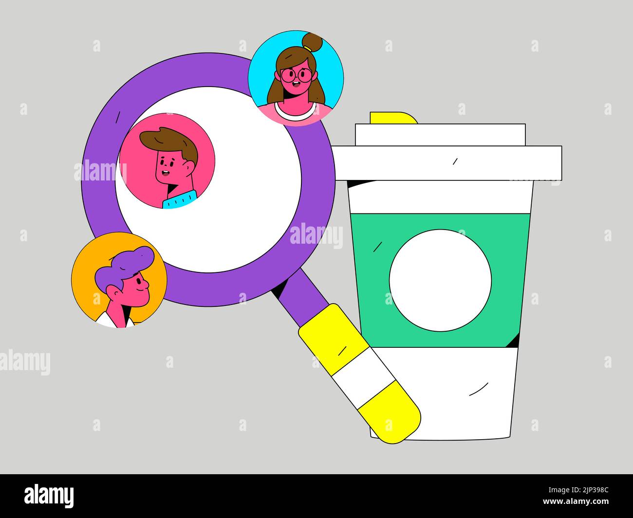 Simple Clip Art Of A Magnifying Glass And Cartoon Characters The Concept Of Teamwork Stock