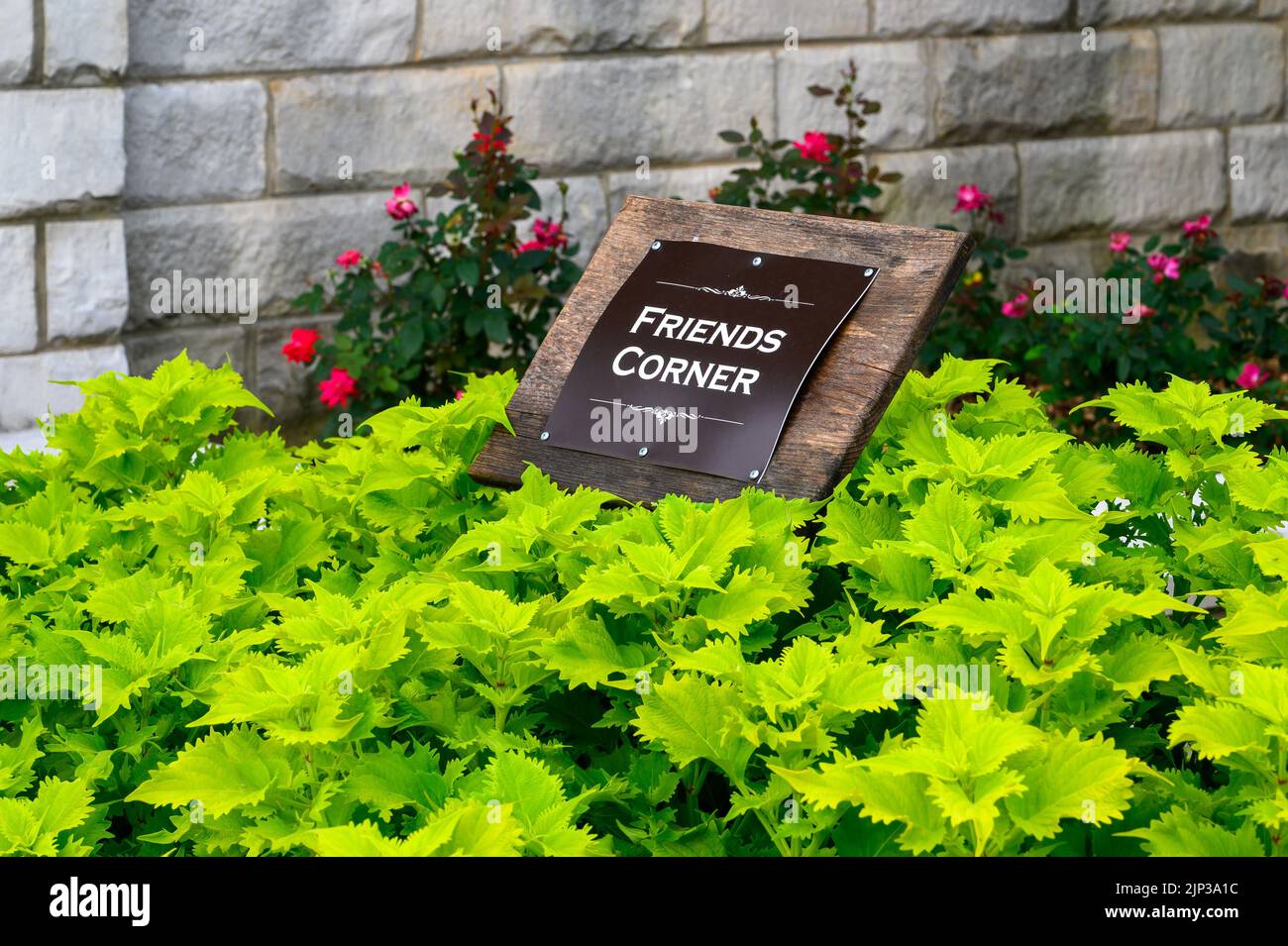 Friends Corner sign in beautiful, colorful garden with stone wall ...