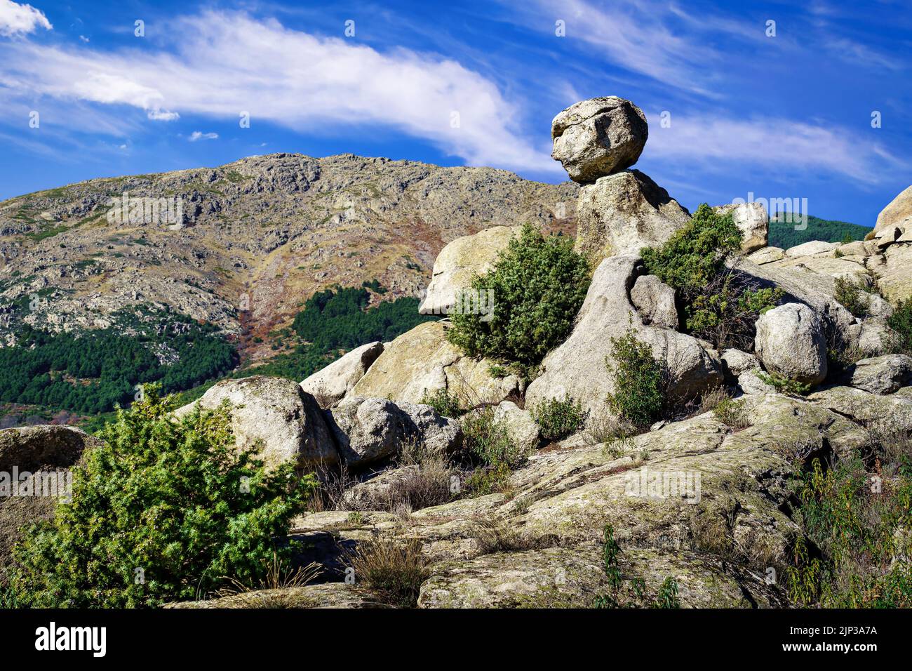 Mountain landscape of large granite rocks, high stone formations with ...