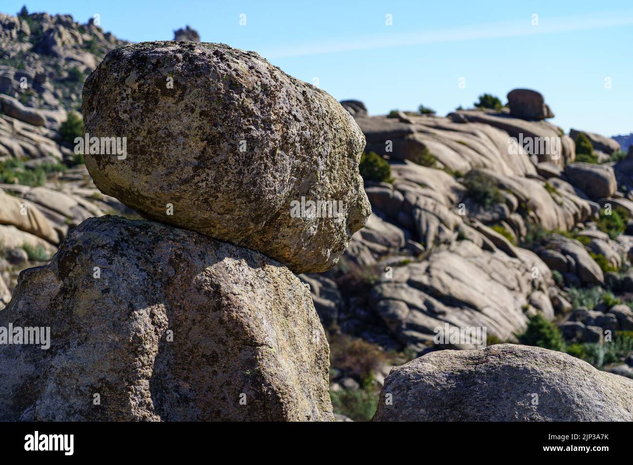 Mountain landscape of large granite rocks, high stone formations with ...