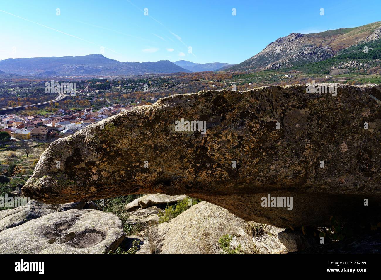 Mountain landscape of large granite rocks, high stone formations with ...