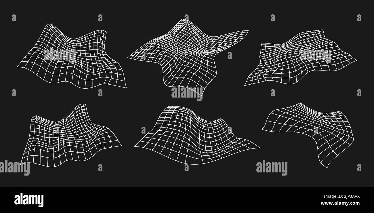 Set of cyber distorted grids, retro punk design elements. Wireframe wave geometry mesh on black ...