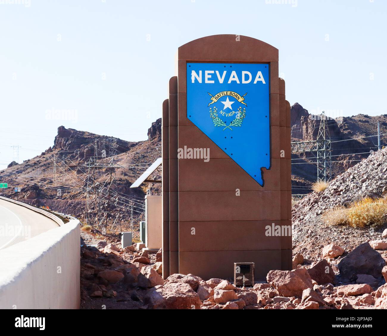 The blue sign at the Nevada-Arizona border near the Hoover Dam Stock ...