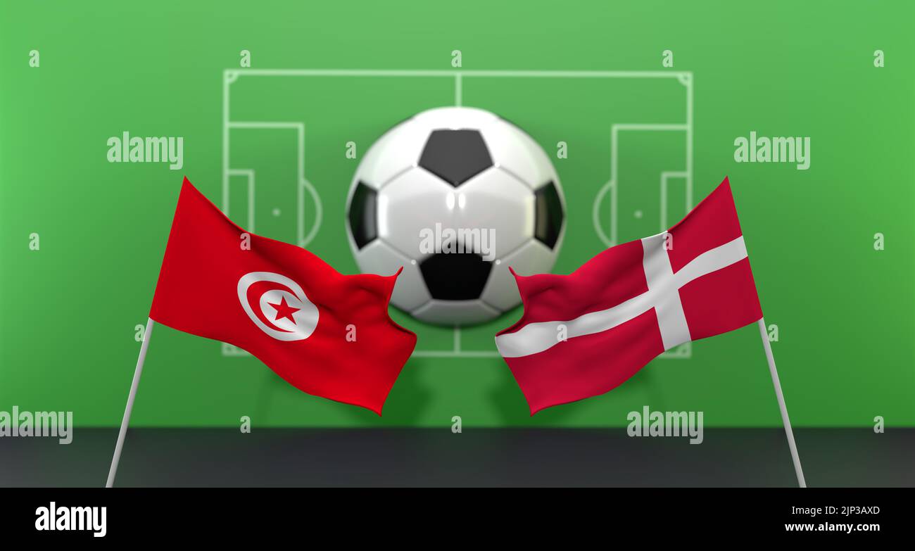 Denmark vs Tunisia soccer Match FIFA World Cup Qatar 2022, on blur background with soccer field ...