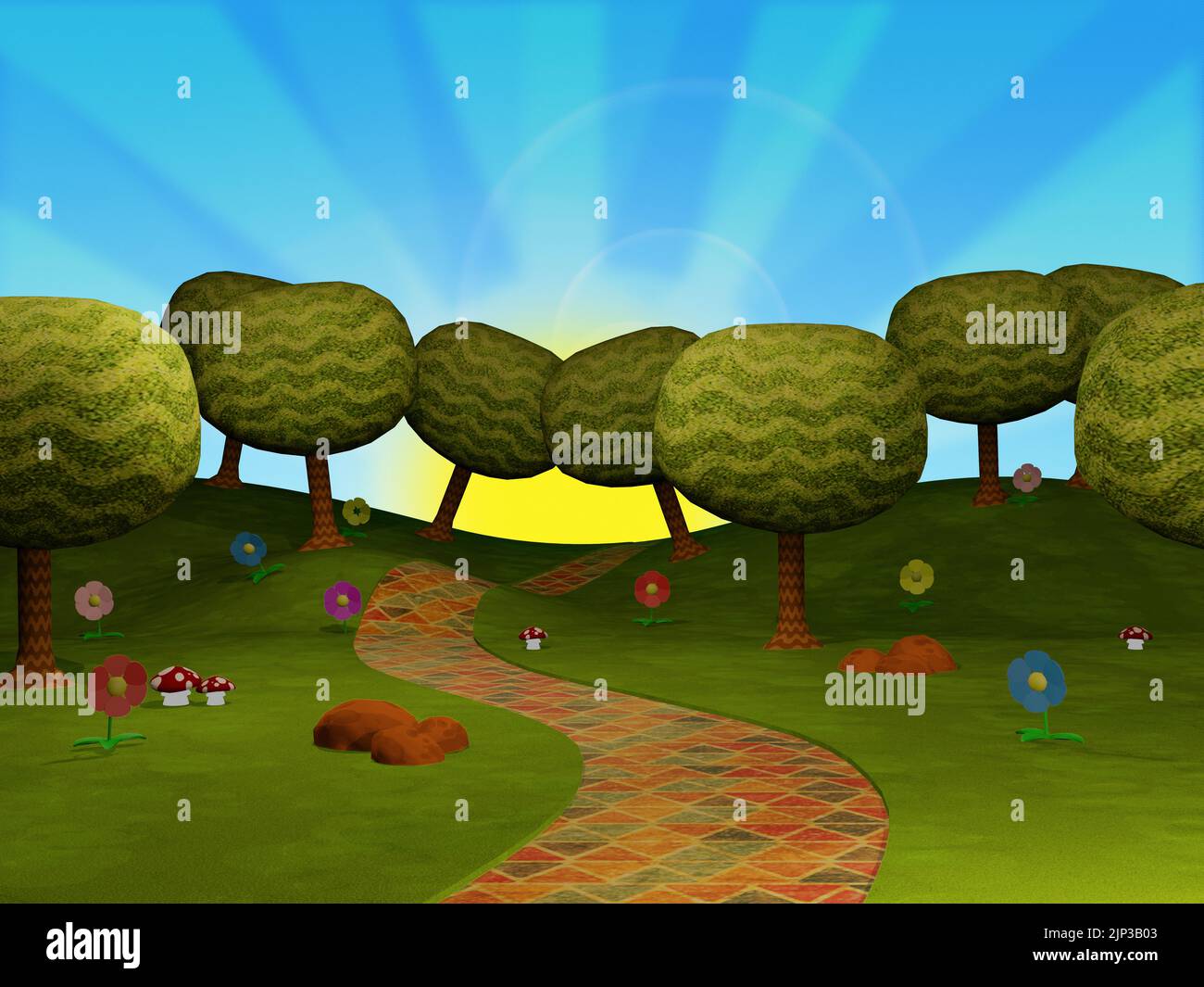 A 3D rendering of a pathway on green lawn with flowers and trees at ...