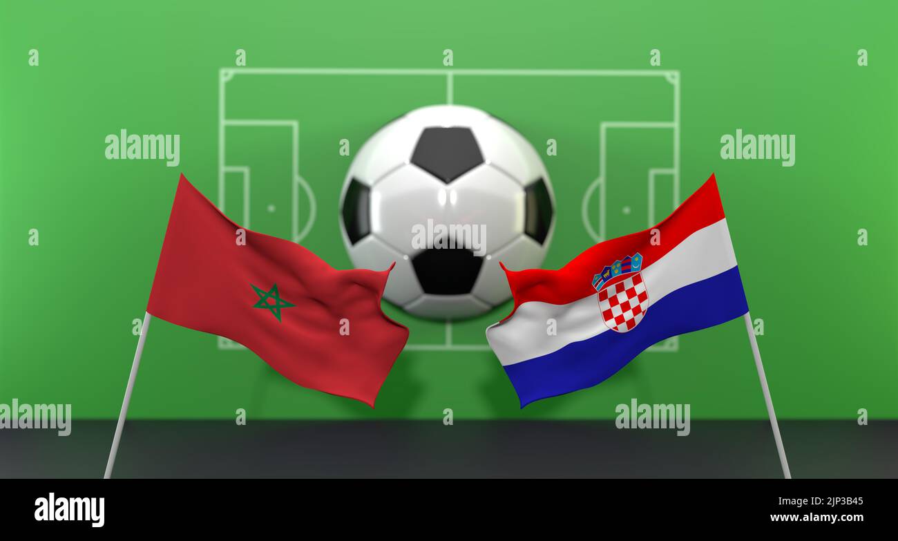 Morocco vs Croatia soccer Match FIFA World Cup Qatar 2022, on blur background with soccer field ...