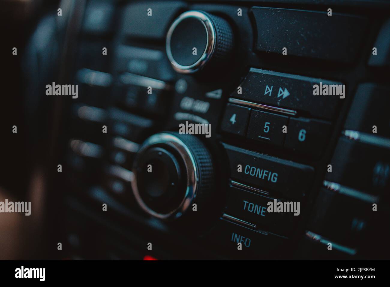 A closeup of a modern car's interior design with a detailed button ...