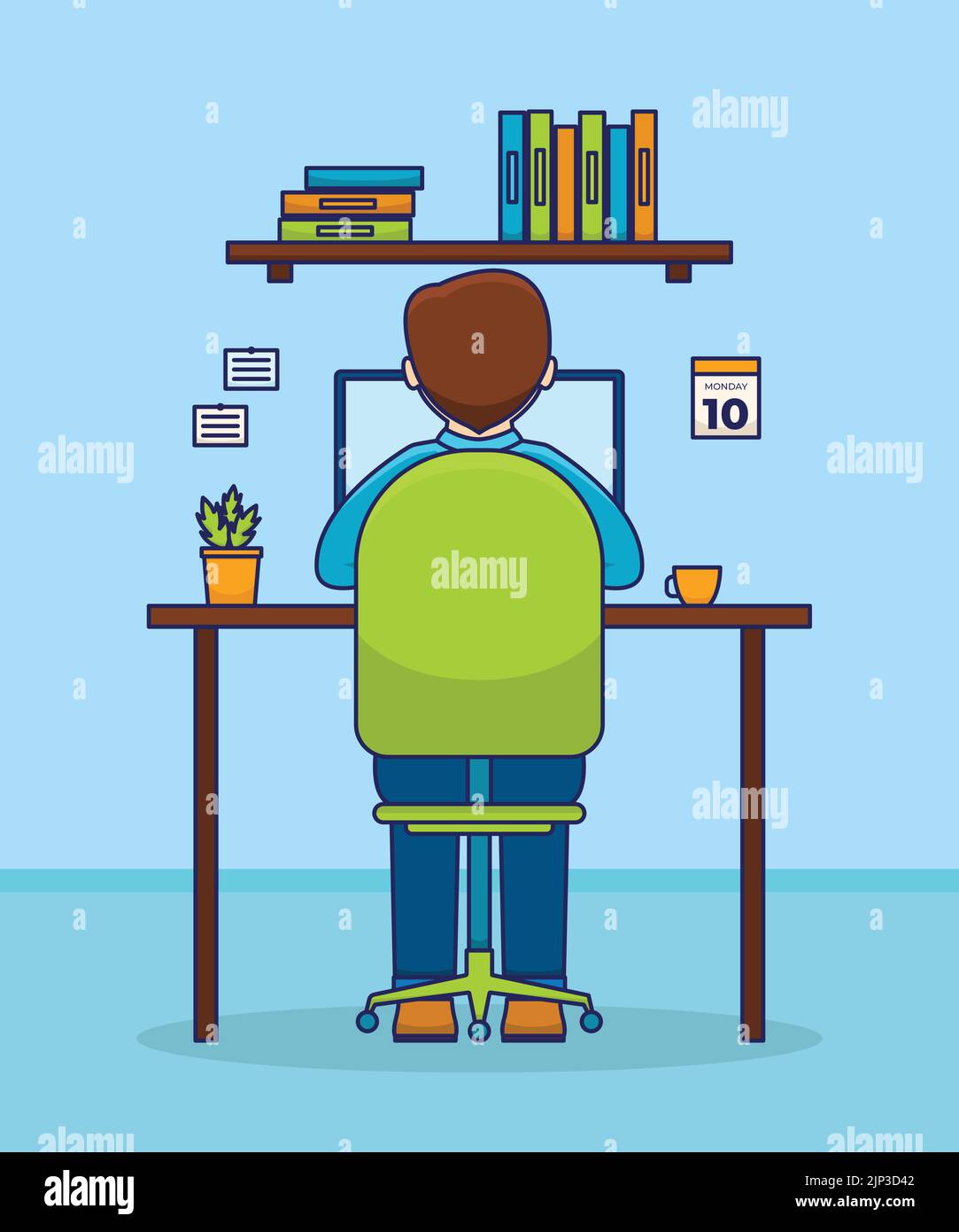 A vertical design of a busy man working at his desk with a computer ...