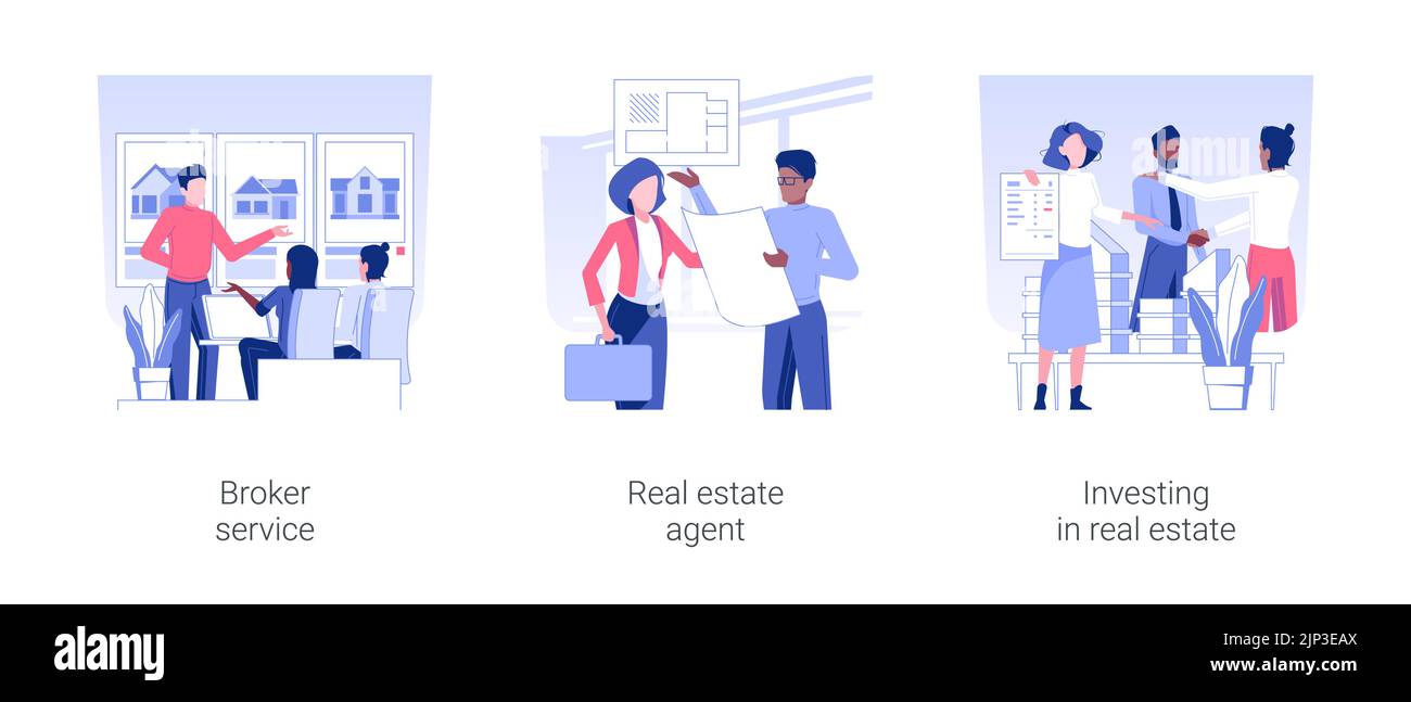 Real estate business isolated concept vector illustration set. Broker ...