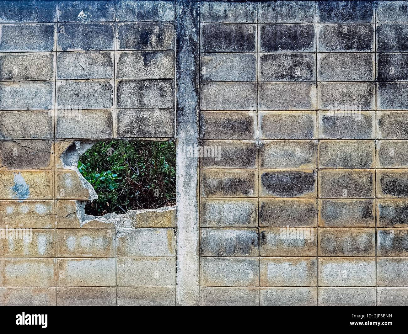 Dirty old eroded cracked plaster cement block fence. Concrete block ...