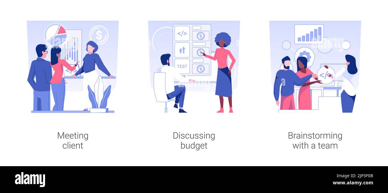 IT project management isolated concept vector illustration set. Meeting client, discussing ...