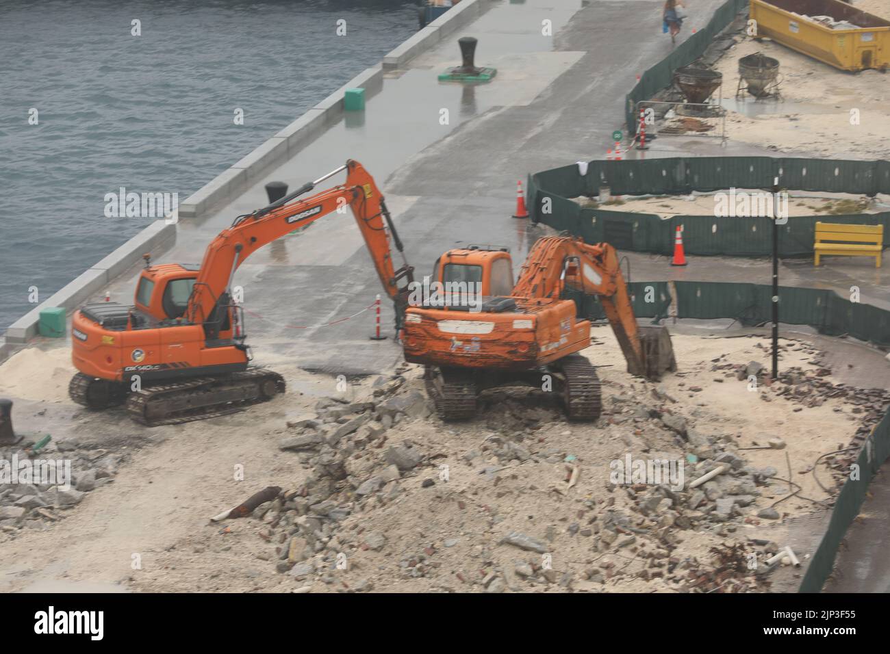 Piling driven into ground. Deep foundation installation. Reinforce ...