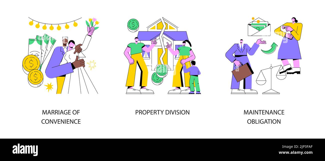 Spousal agreement abstract concept vector illustration set. Marriage of ...