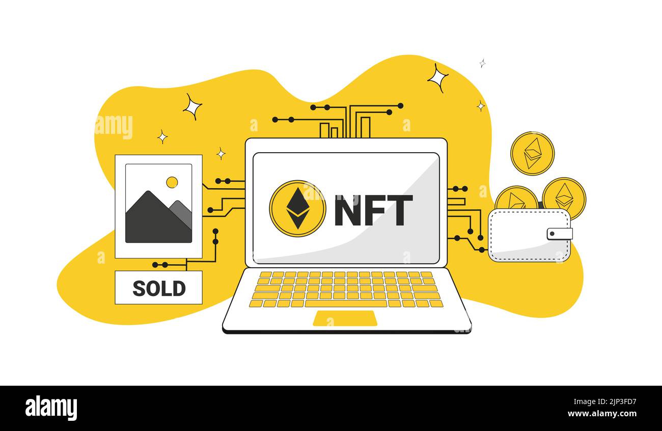 The inscriptions nft and sold on the laptop display and pop-up windows ...