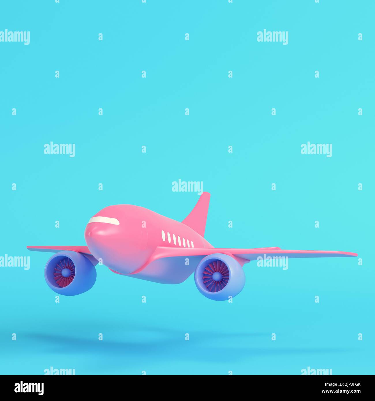 Pink passenger airplane on bright blue background in pastel colors ...