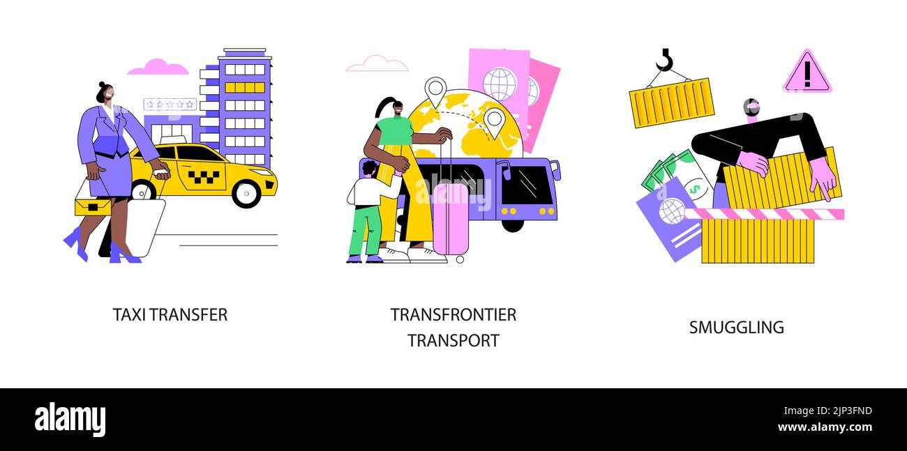 Crossing border abstract concept vector illustration set. Taxi transfer ...