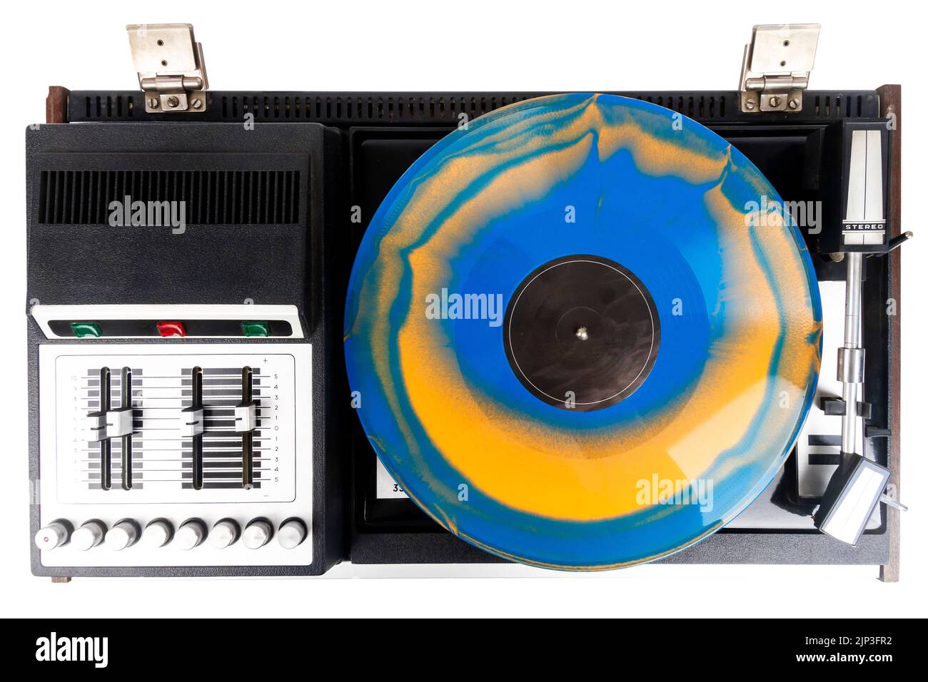 Vintage turntable record player with blue and orange vinyl isolated on ...