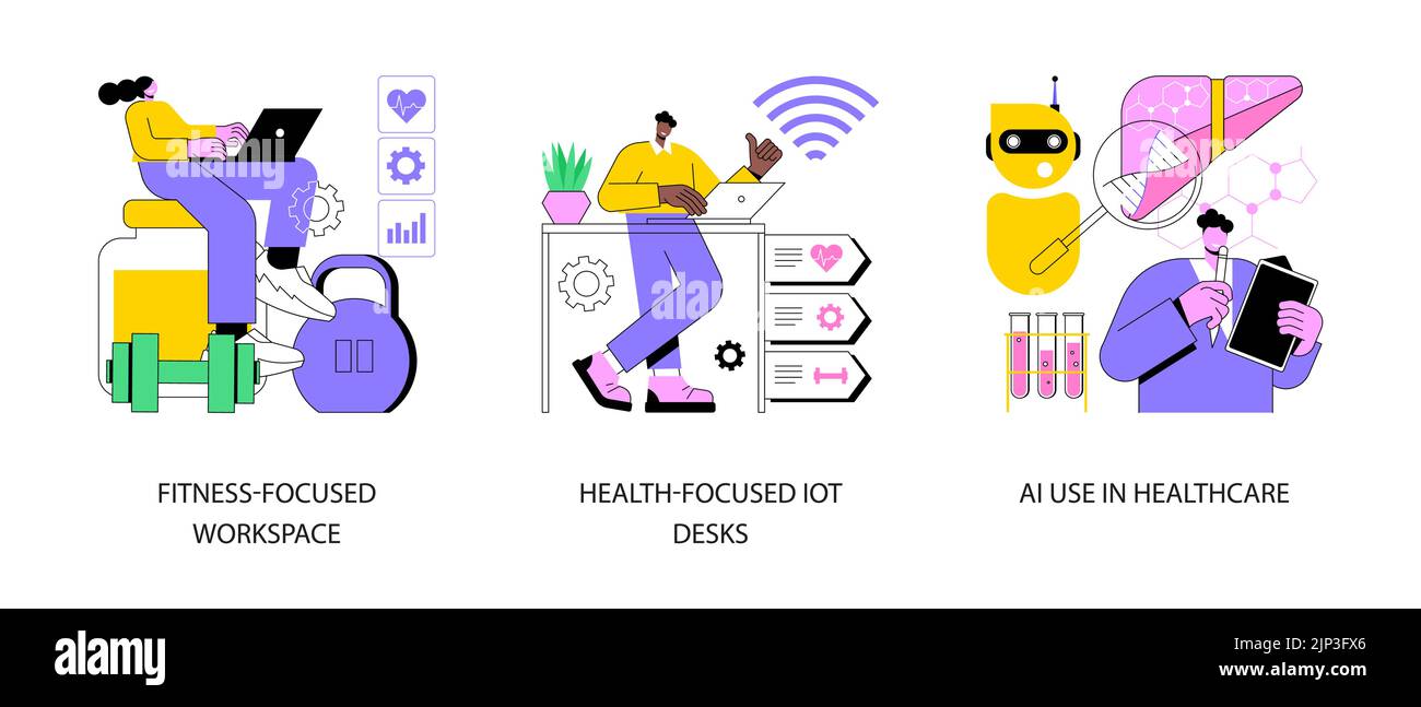 Health-focused technology abstract concept vector illustration set. Fitness-focused workspace ...