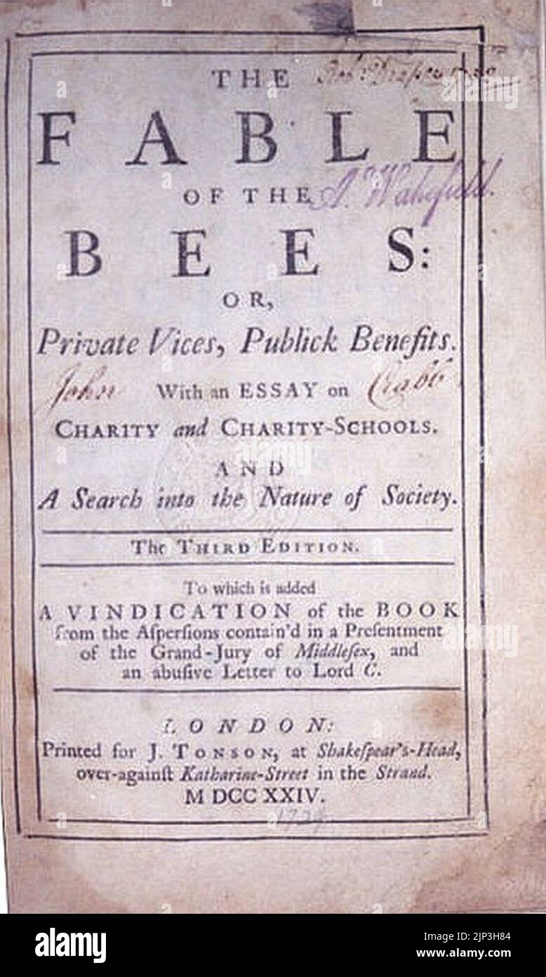 The Fable of the Bees, by Bernard Mandeville (title page Stock Photo ...
