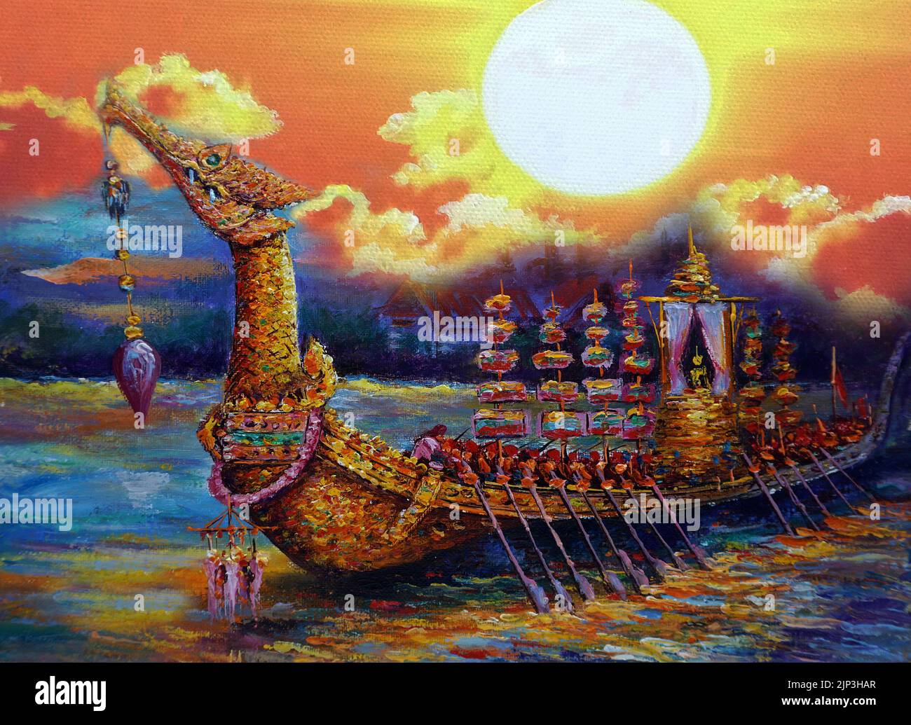 Art painting Oil color royal barge Thailand , Suphannahong Boat , King ...