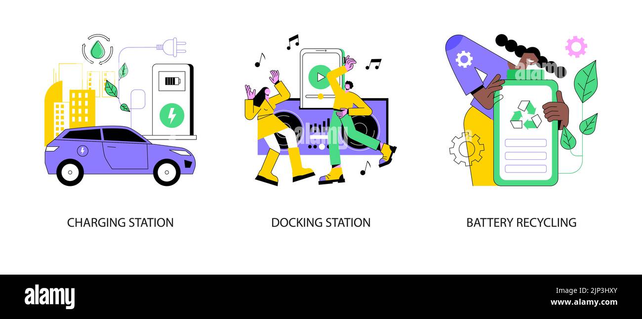 Battery capacity abstract concept vector illustration set. Charging and ...