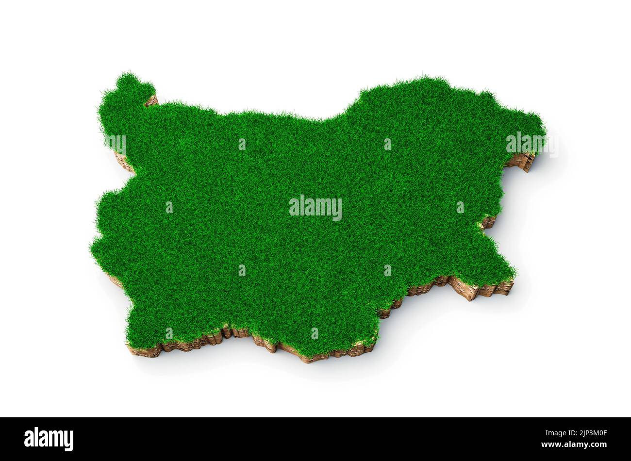 A 3D rendering of a grassy Bulgaria map topography isolated on a white ...