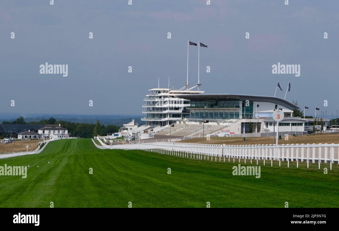 Epsom Racecourse grandstand viewed from the three furlong marker Stock ...