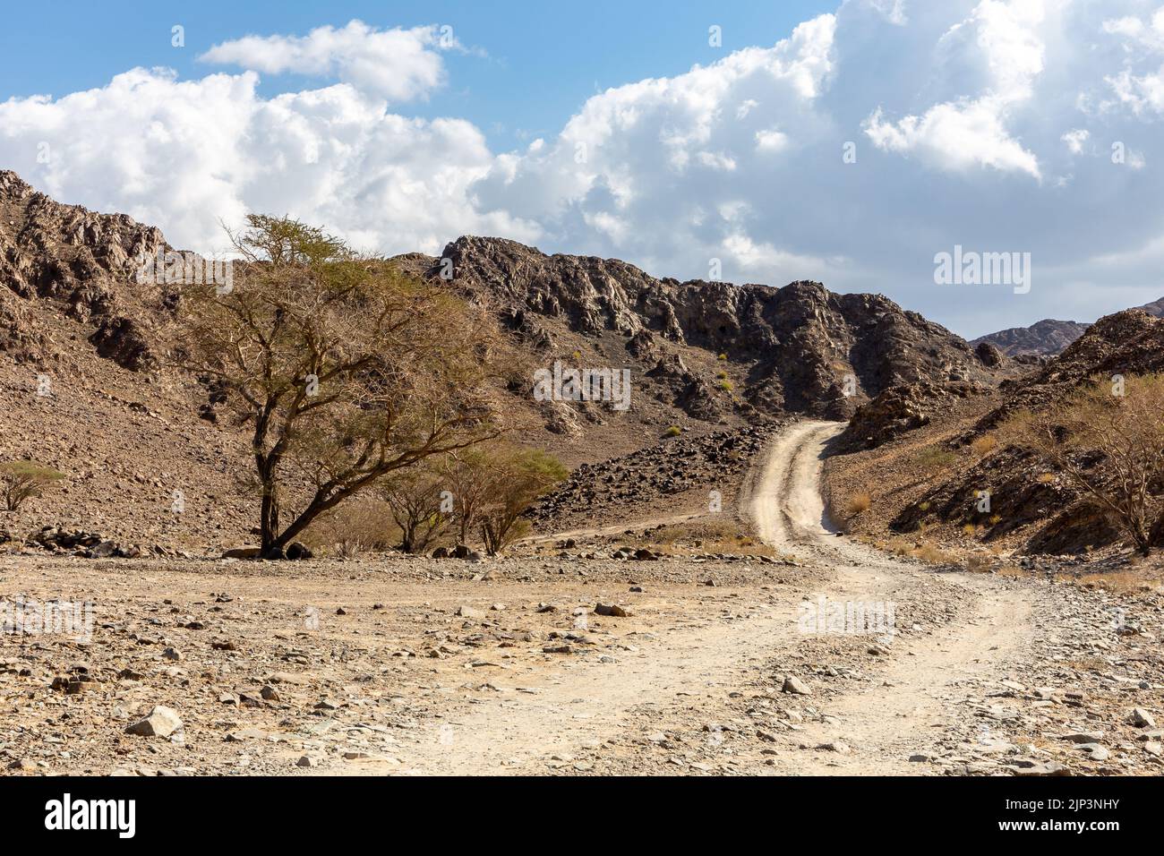 Wadi Shawka hiking trail, winding gravel dirt road through Wadi Shawka ...
