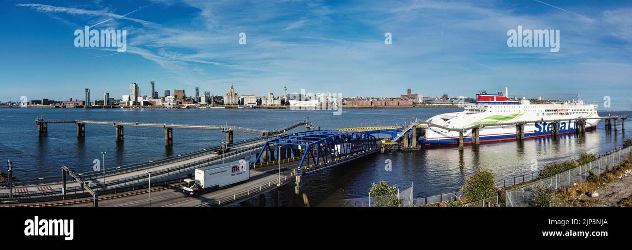 liverpool skyline and the stena line ship on the river mersey by drone ...