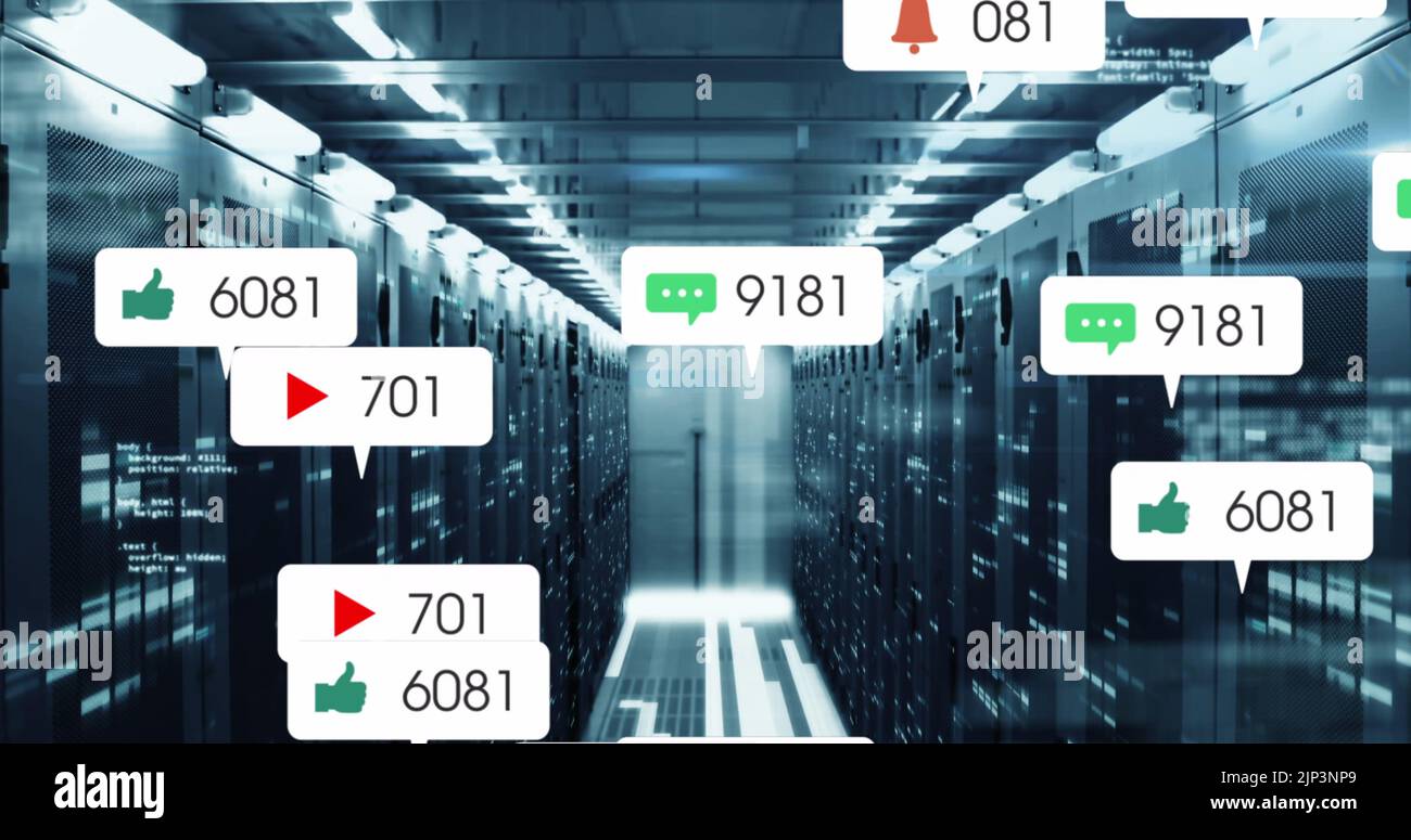 Image of social media icons and numbers and data processing over computer servers Stock Photo ...