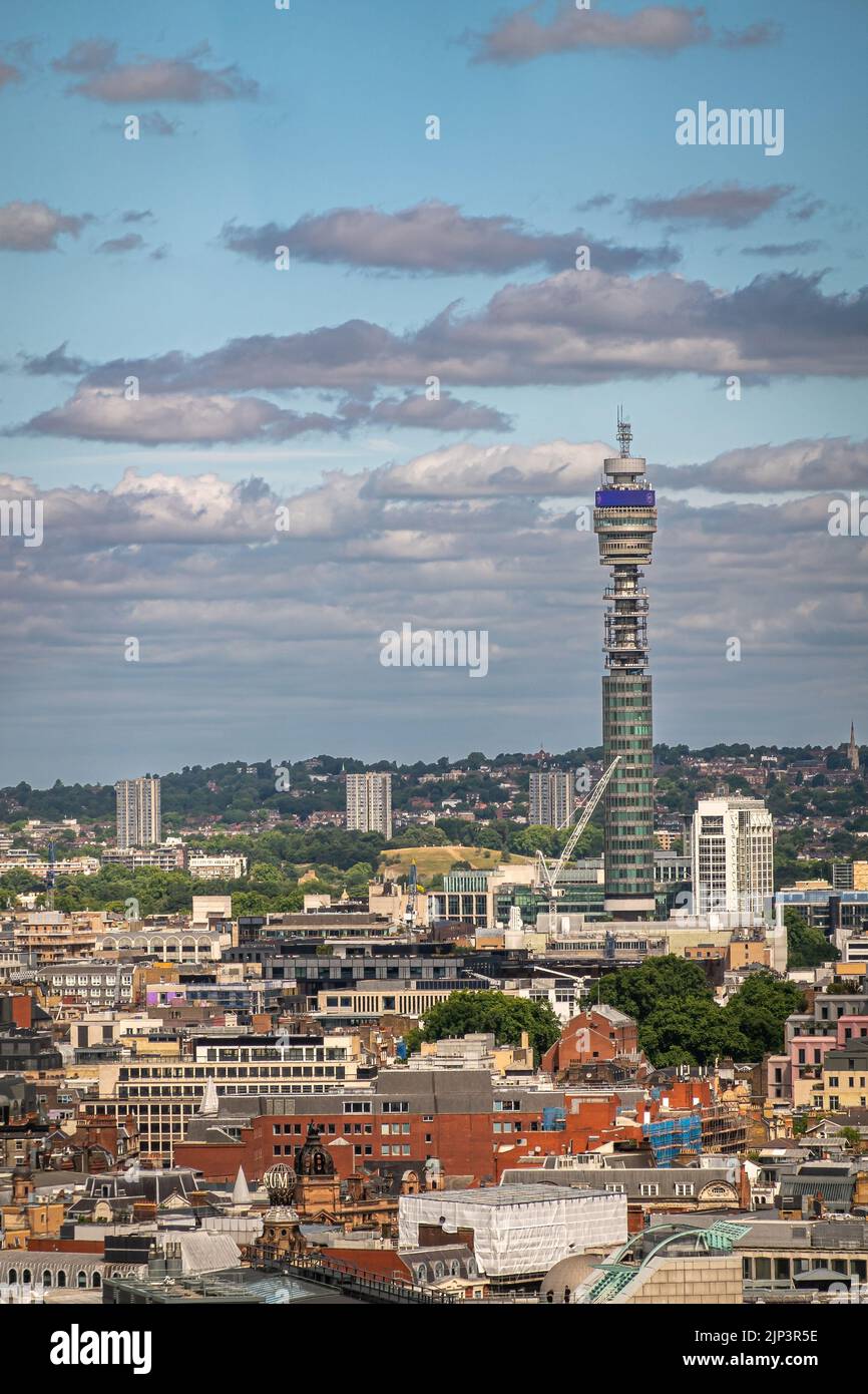 London, UK - July 4, 2022: Seen from London Eye. BT antenna tower rises ...