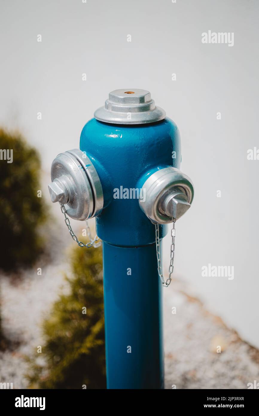 A vertical closeup shot of a blue silver fire hydrant Stock Photo - Alamy