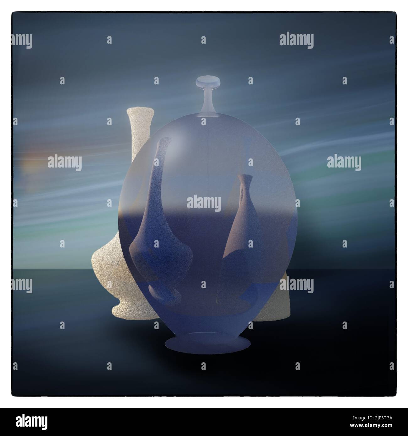 A 3D rendering of a glass vase with the reflection of two vases in a ...