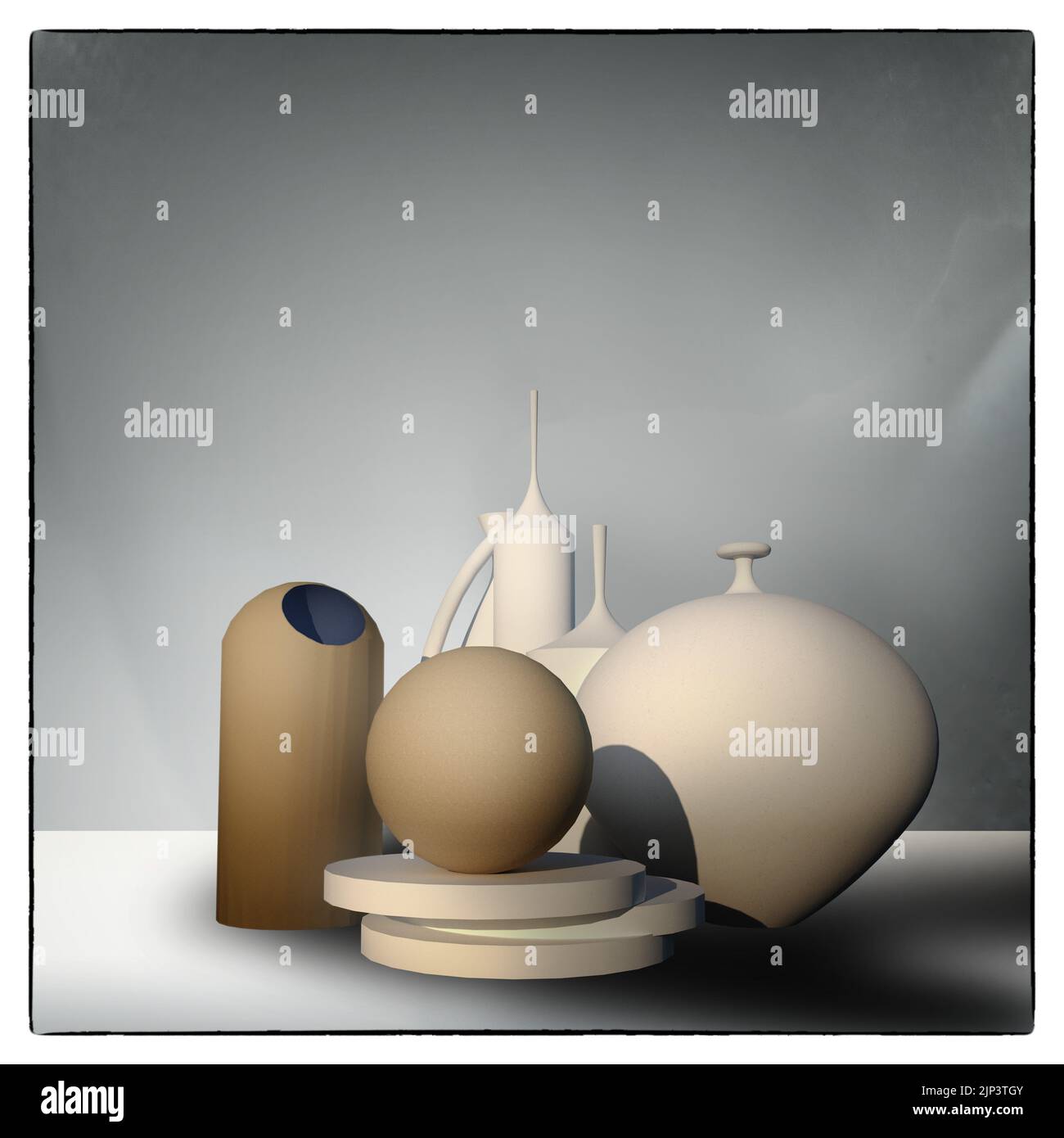 A 3D rendering of still life ceramic of different shapes in a white ...