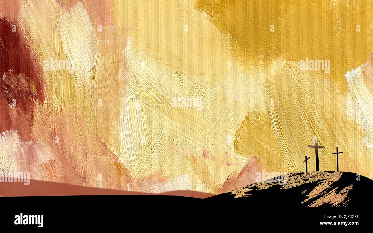 Graphic textured illustration of crosses of Calvary against hand ...