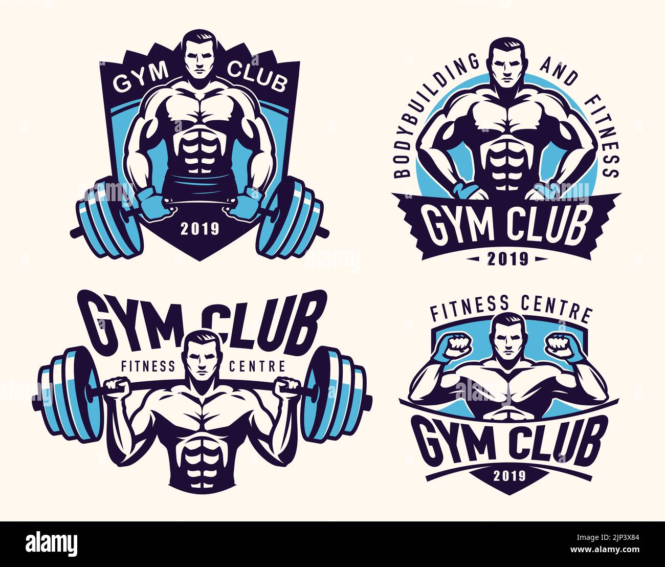 Gym club badge set. Fitness emblems. Athletic muscular man, bodybuilder ...
