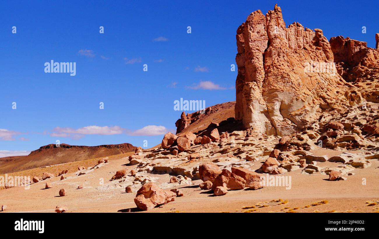 Gigantic stone columns sculpted by erosion in the desert near San Pedro ...