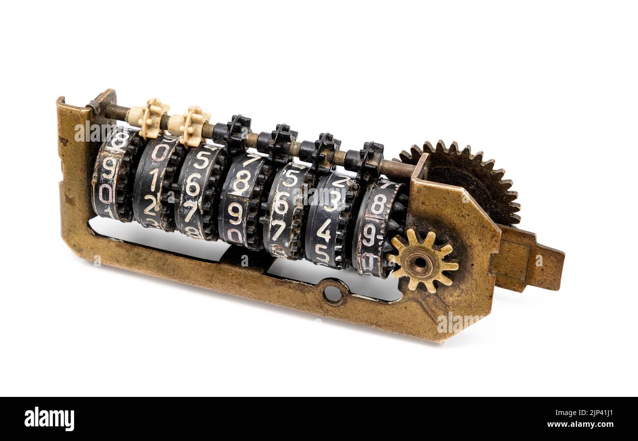 old mechanical counter with numbers on a white background Stock Photo ...