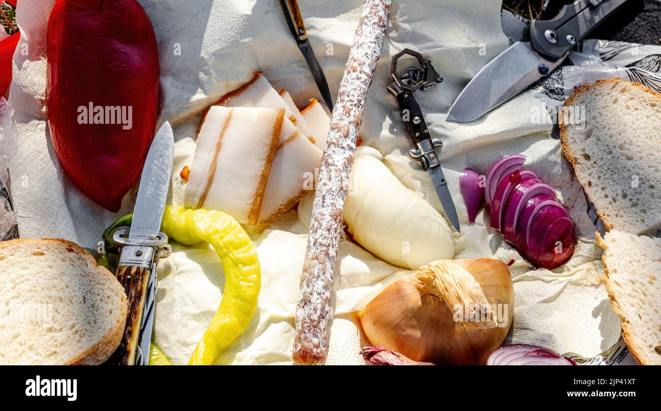 Romanian traditional food with sausages, onions and cheese, ham and ...