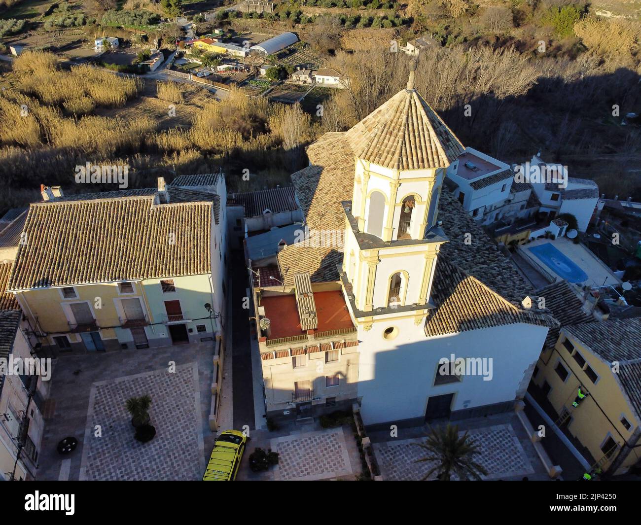 An aerial shot of the beautiful church of La Soledad of town Cehegin in ...